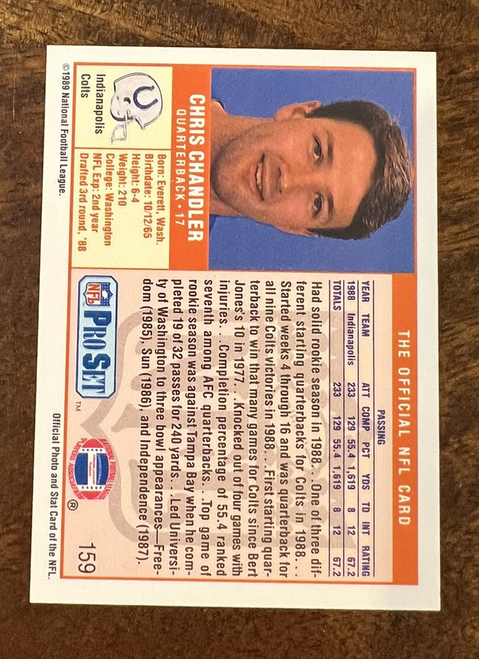 1989 Pro Set 159 Chris Chandler Indianapolis Colts Rookie Football Card ...