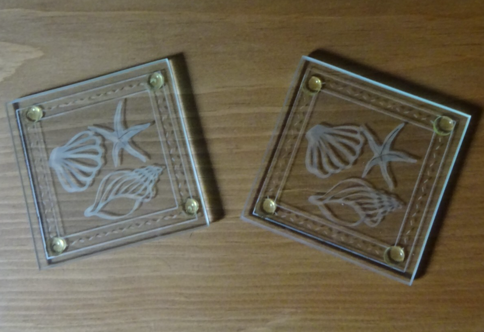 Seashell Etched Glass Coasters with Rubber Feet, 3-1/2"x3-1/2"x1/8 ...
