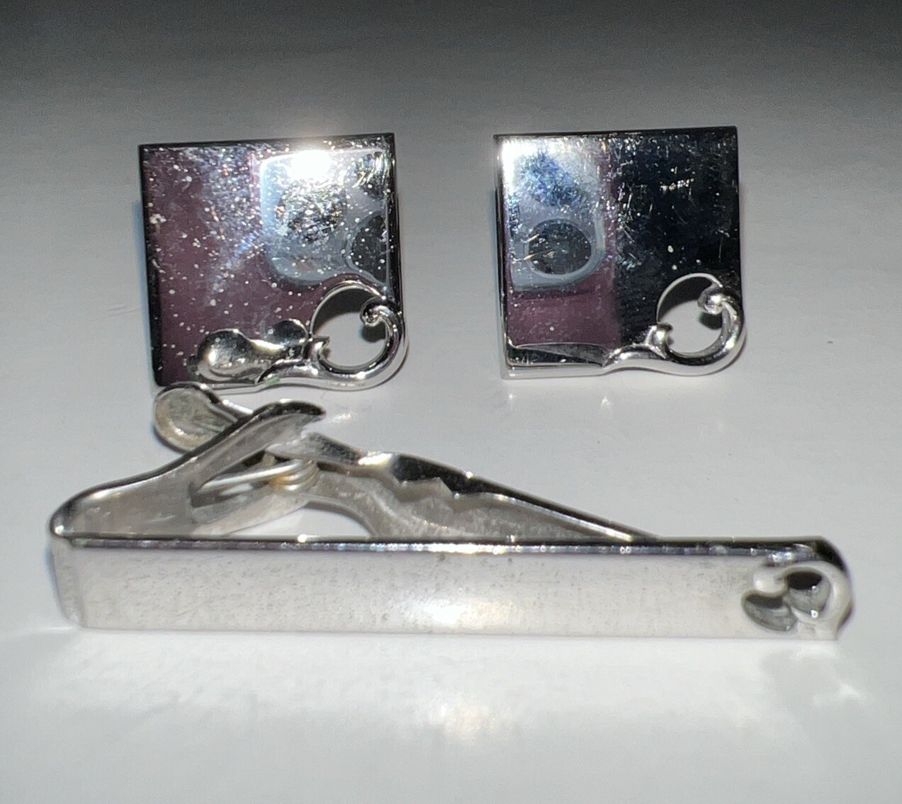 Swank Tie Clip and Cufflink Set Silver Tone Shiny & Matte Vintage Men's ...