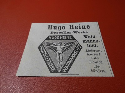 Hugo Heine Waidmannslust Propeller - Werke :Werbeanzeige 1916 | eBay