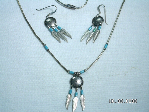 Native Argent Sterling, Turquoise Plume Pendentifs Collier & Boucles D ...