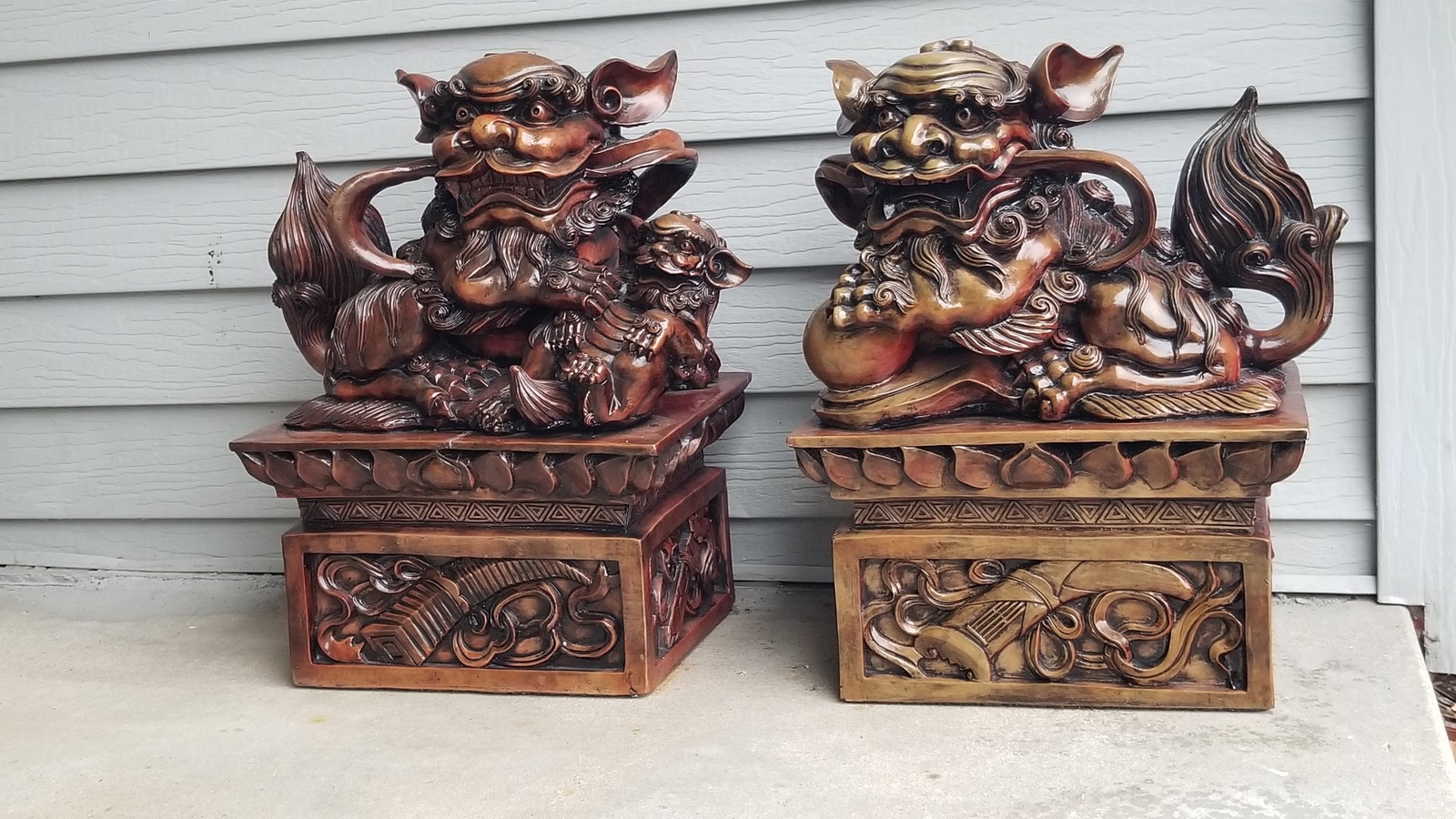 Two Giant Fu Foo Chinese Dog Lion Door Protective Statues 18" x 15" x ...