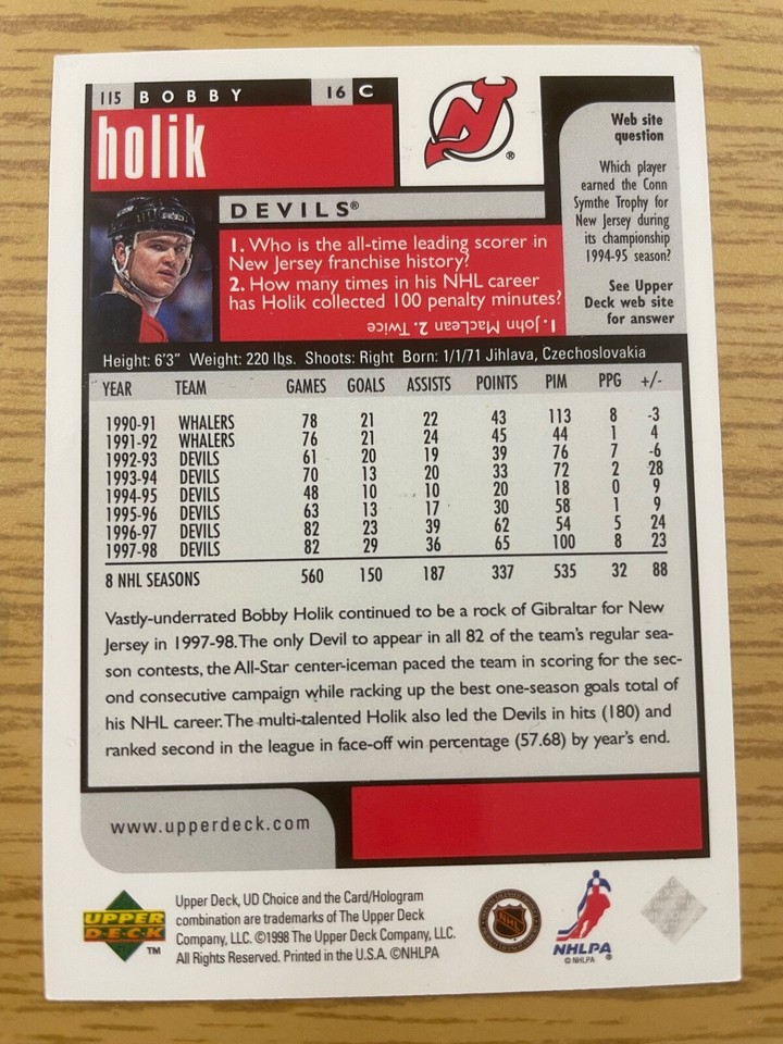 1998 UPPER DECK BOBBY HOLIK New Jersey Devils NHL HOCKEY CARD #115 | eBay