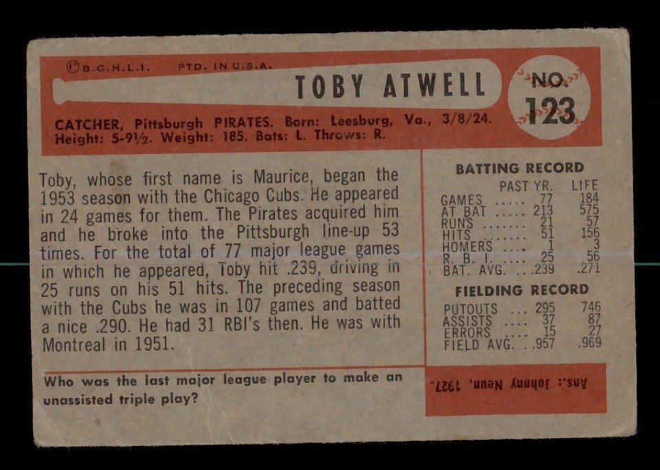 1954 BOWMAN #123 TOBY ATWELL PITTSBURGH PIRATES | eBay