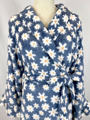 Women White Flowers Print Bule Grey Bath Robe with Ruffled Trim Short ...