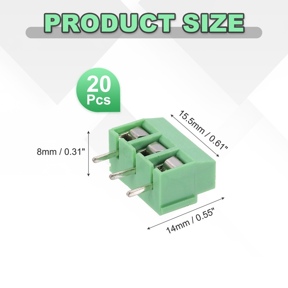 20 Pcs 3 Pin 5mm/0.2" Pitch PCB Terminal Block 300V 10A(Green, 15 ...