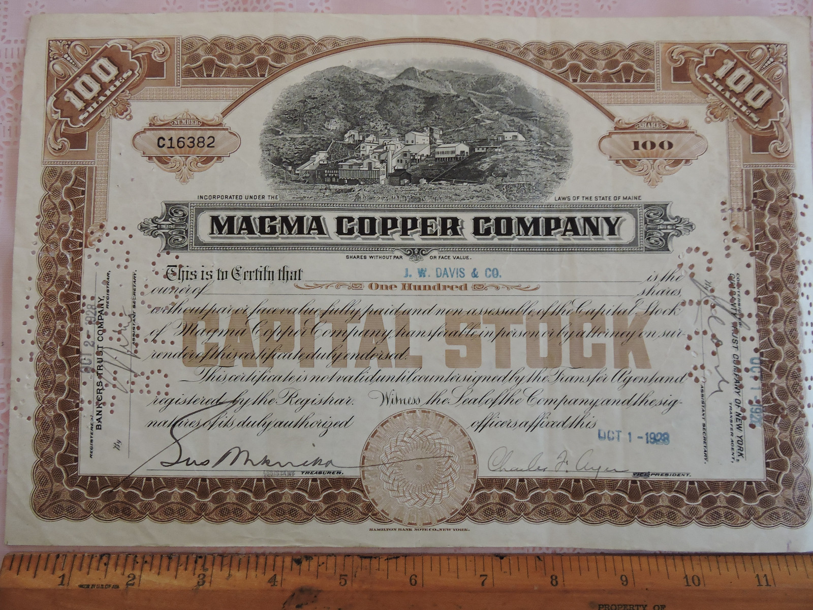 RARE Stock Certificate MAGMA Copper Company MAINE 1928 MINING 100 ...