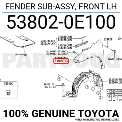 538020E100 Genuine Toyota FENDER SUB-ASSY, FRONT LH 53802-0E100 | eBay