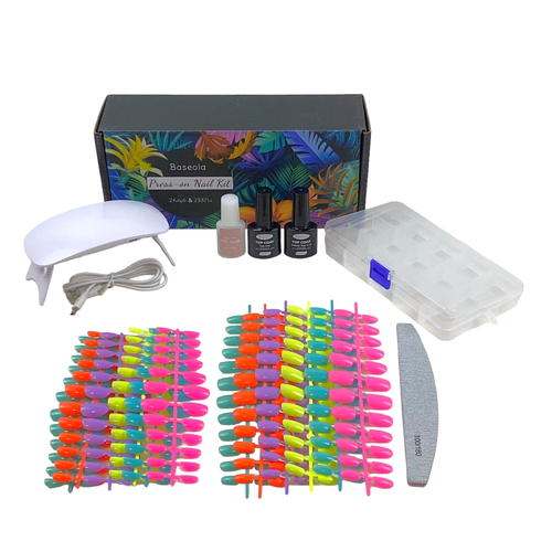 Press On Nail Kit 288 Pieces Neon Colors UV Light Top Coat Polish and ...