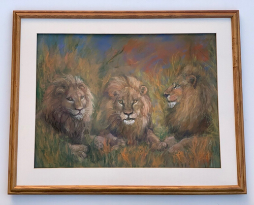 3 LIONS ORIGINAL PASTEL PAINTING AFRICAN SAFARI LANDSCAPE SIGNED ...