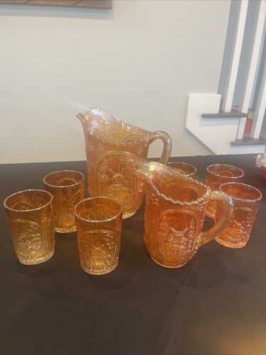 Imperial Glass Carnival Pitcher & 6 Glasses Windmill Pattern, With Mini ...