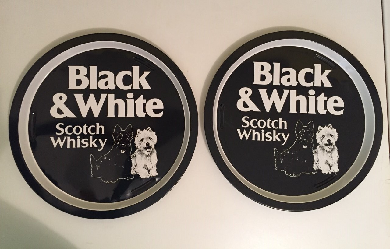 2 BLACK & WHITE SCOTCH WHISKY SERVING TRAYS 12 1/2" HOME BAR ...