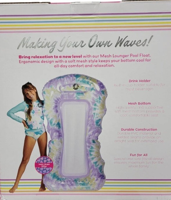 📫Justice Mesh Lounger Pool Float, 62" x 33.5" Ages 6+ Heart Glitter L# ...