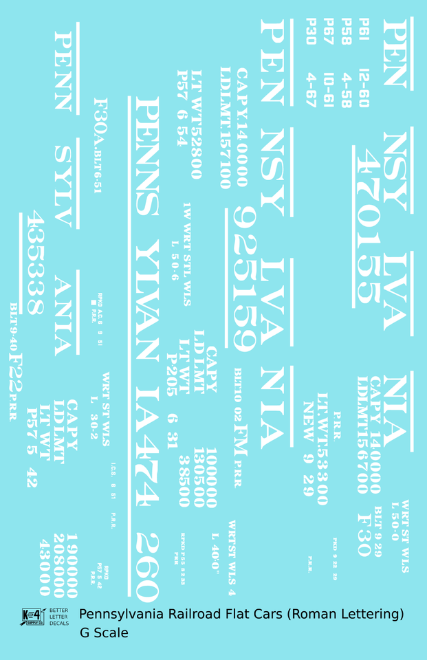 K4 G 1:24 Scale Decals Pennsylvania PRR F22 FM F30 Flatcars White Roman ...