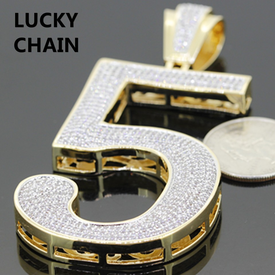 14K YELLOW GOLD FINISH BLING OUT NUMBER 5 PENDANT 36"FRANCO BOX CHAIN ...