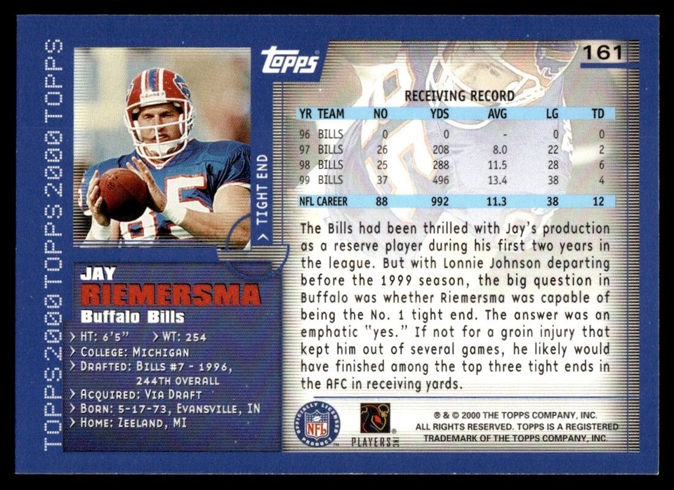 2000 Topps Collection Football Jay Riemersma Buffalo Bills #161 NM | eBay