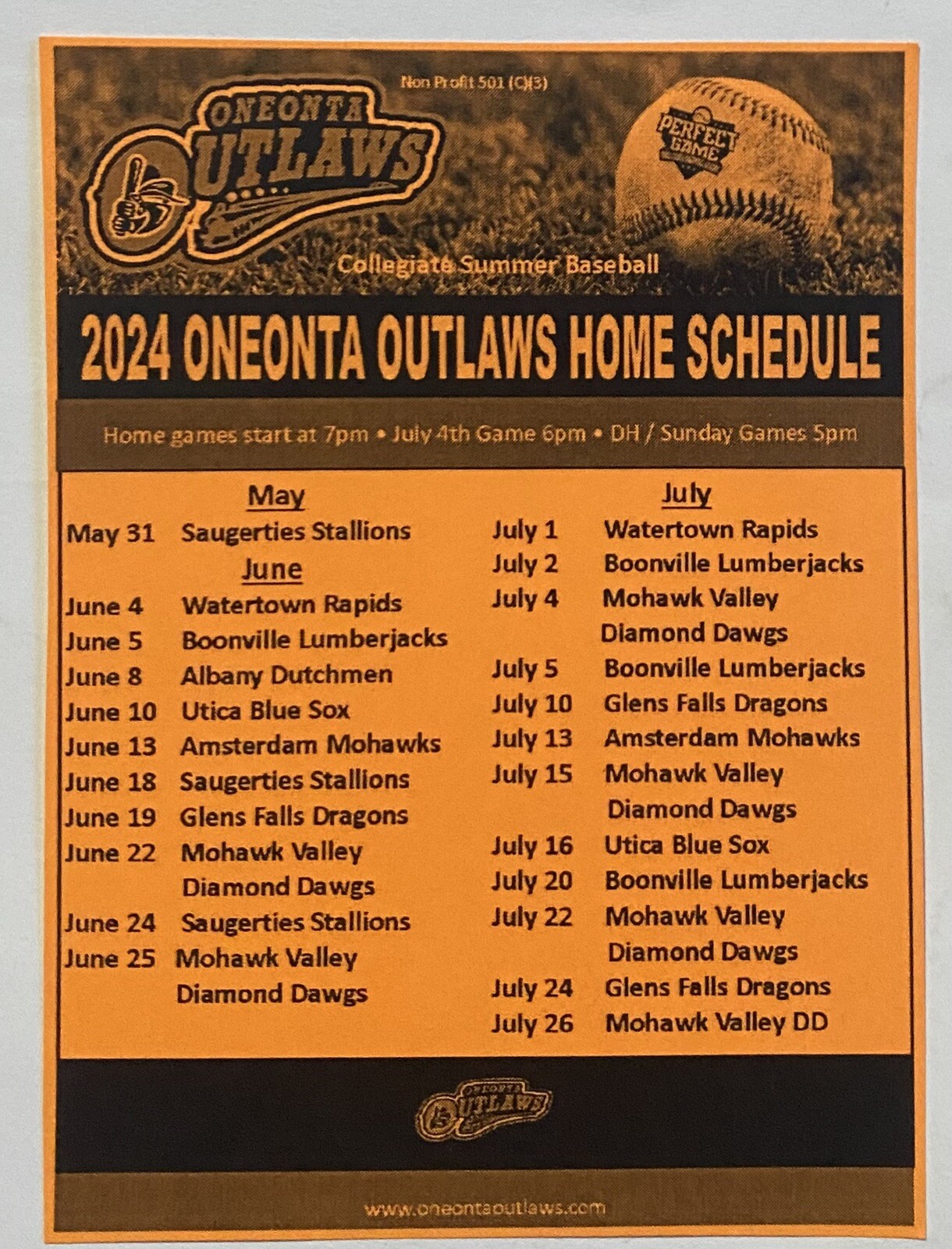 2024 ONEONTA OUTLAWS Schedule ⚾️ Minor Baseball Sked CARD NEW‼️ COOL‼️ ...