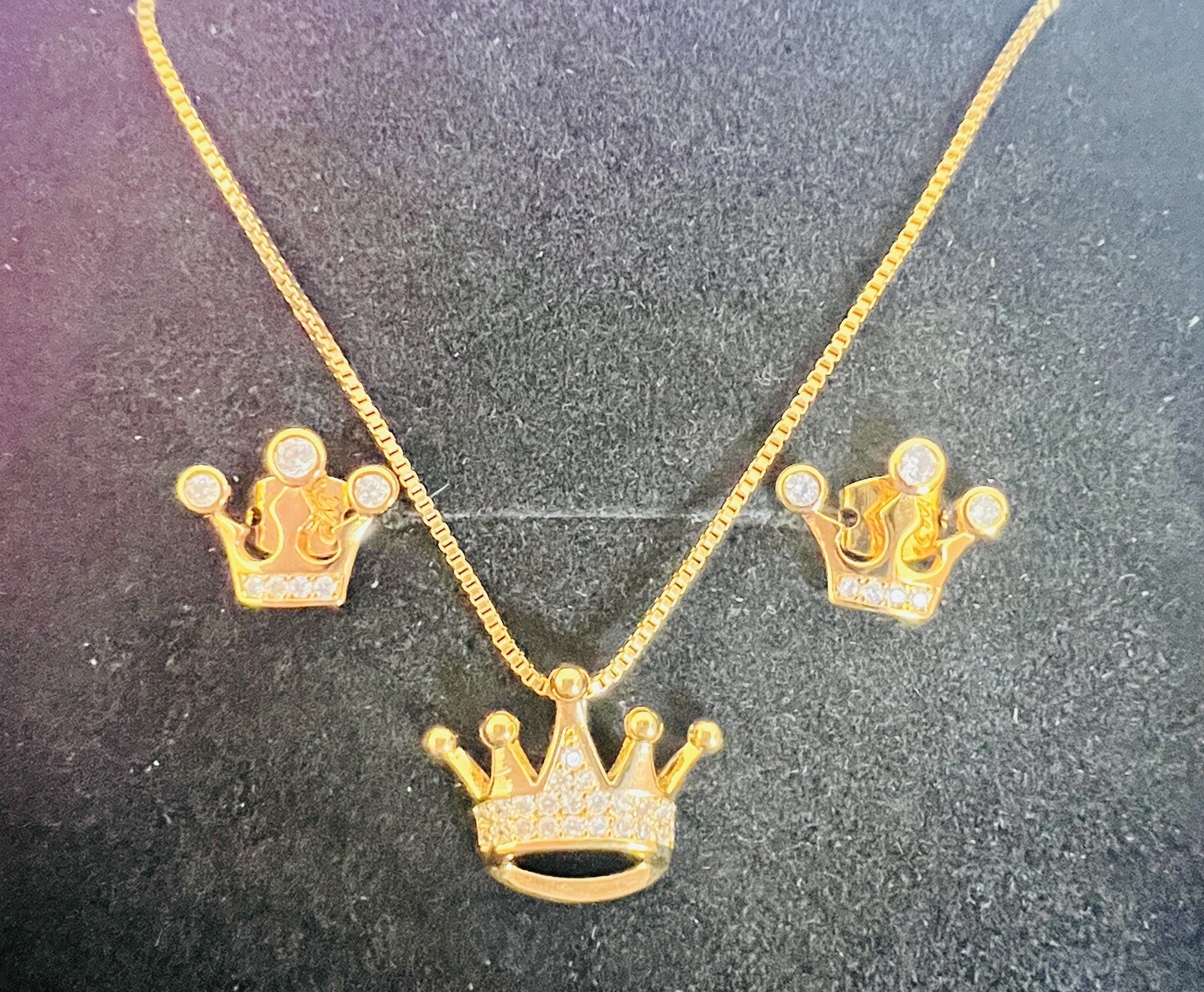 18K GP Jewelry Set Square Box Chain Crown Shape Pendant & Earrings | eBay