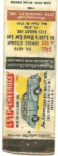 VINTAGE MATCHBOOK COVER LYTH CHEVROLET BUFFALO NY "SEE EDWARD BERGMAN ...