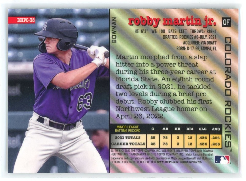 2022 Bowman Heritage Chrome Robby Martin Jr. Colorado Rockies #BHPC-38 ...