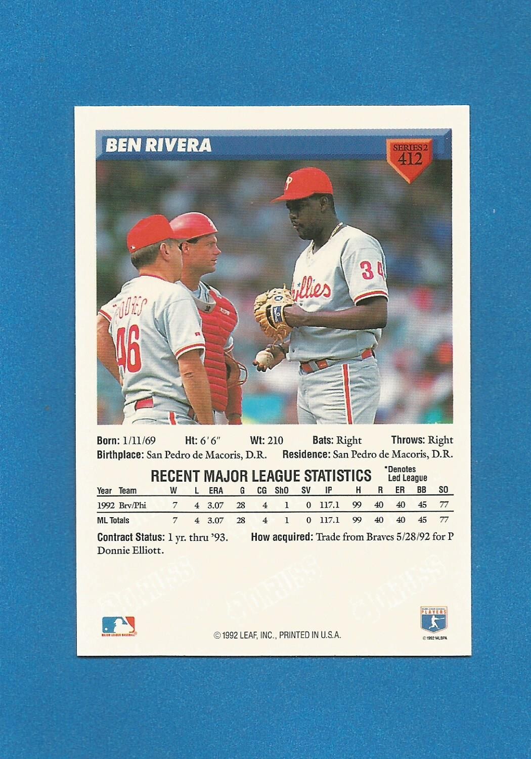 Ben Rivera 1993 Donruss MLB Baseball #412 (MINT) Philadelphia Phillies ...