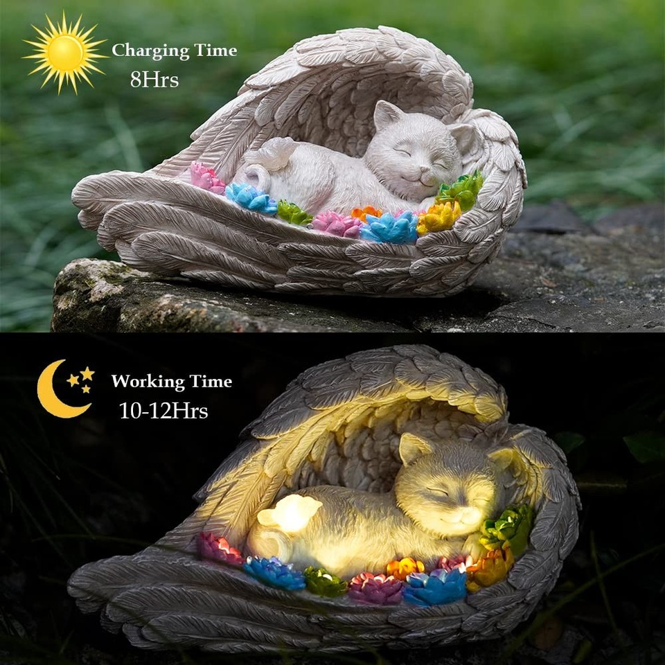 Cat Memorial Stone,Solar Angel Cat Statue Figurine - Pet Memorial Stone ...