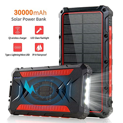 Feeke Solar Power Bank 30000 mAh Qi Wireless Charger - Black/Red for ...