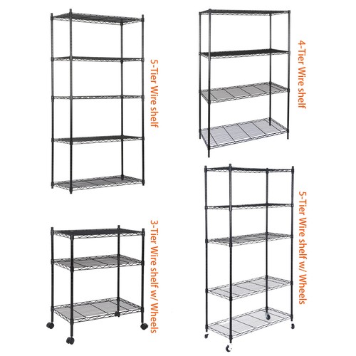 Black Wire Shelf Rack Garage Storage Shelving Rack 265Lb Capacity 3/4/5 ...