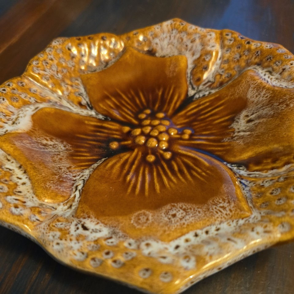 Vintage Marcia of California 1950s pottery brown floral textured dish ...