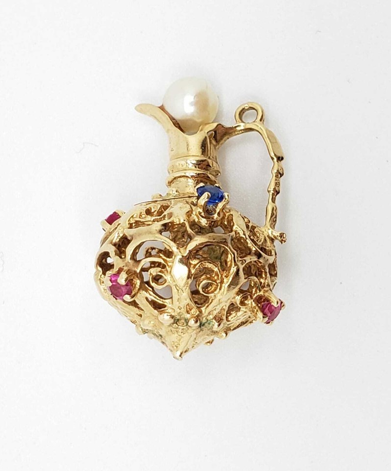 Vintage 14K Yellow Gold Filigree Multi-stone Water Pitcher Charm ...