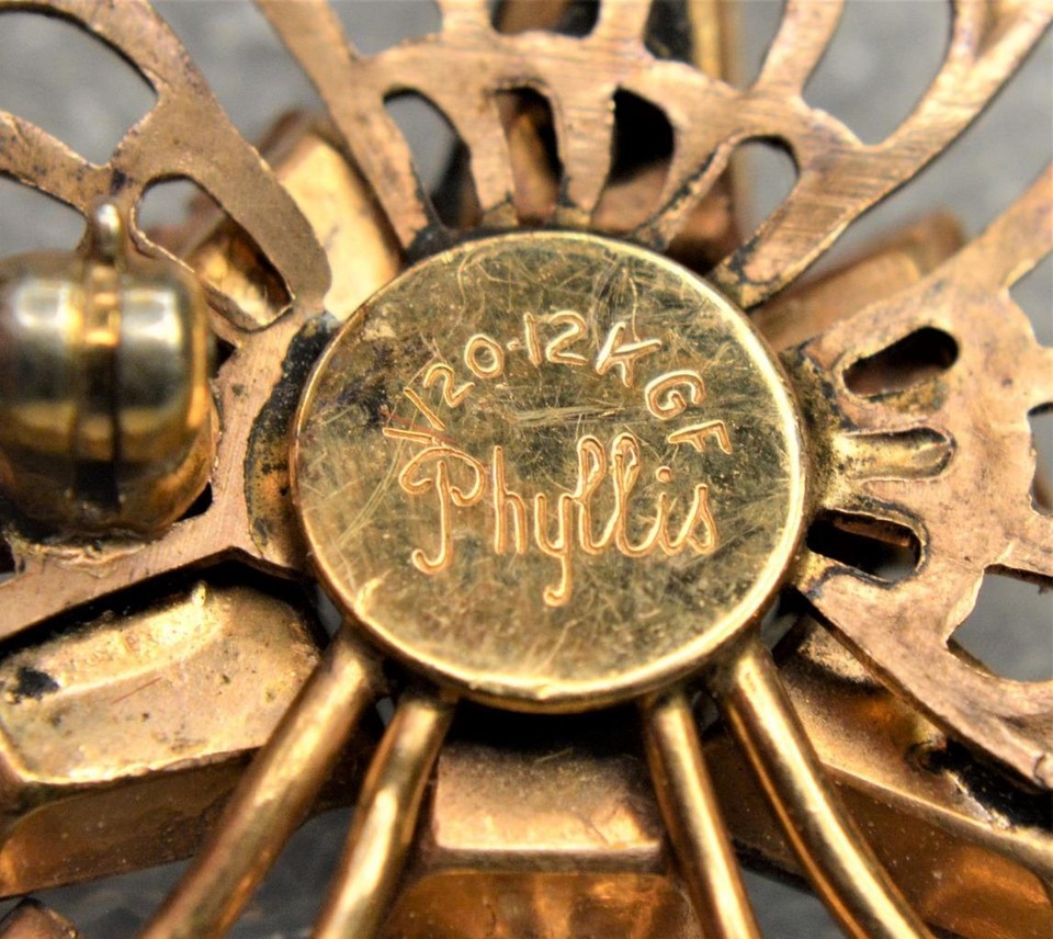 Vintage Signed PHYLLIS Goldtone 1/20 12KGF Blue Clear Rhinestones Pin ...
