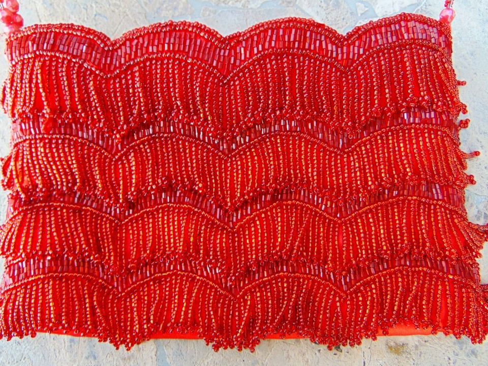 FULLY BEADED RED FRINGED PURSE WITH BEADED HANDLE ~ Measures 5" x 8 ...
