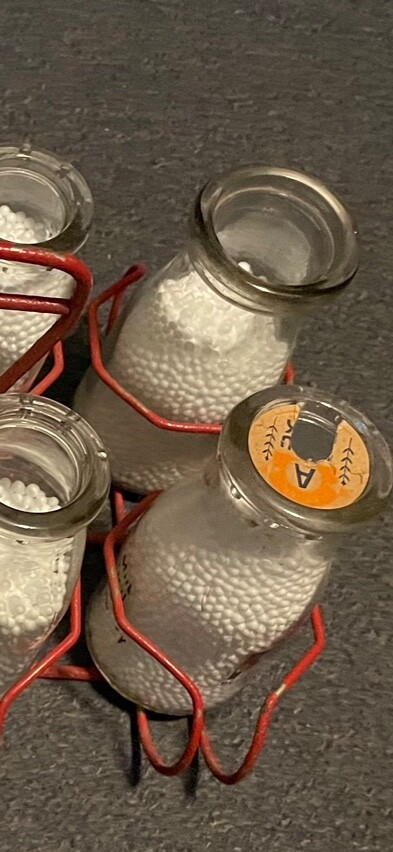 Antique 8 Dairy Farm Milk Glass Bottles with Red Dairy Steel Carrier ...