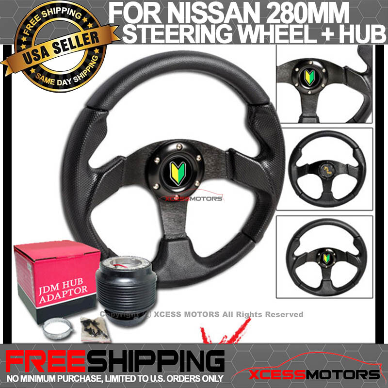 Fits 280MM Honda All Black PVC Leather Racing Steering Wheel + Hub | eBay