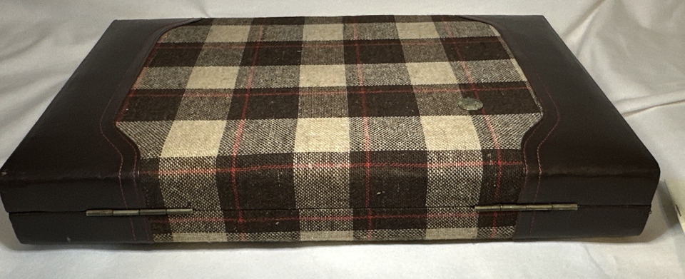 Backgammon Set Brown Plaid Fabric Case Vintage Aries of Beverly Hills ...