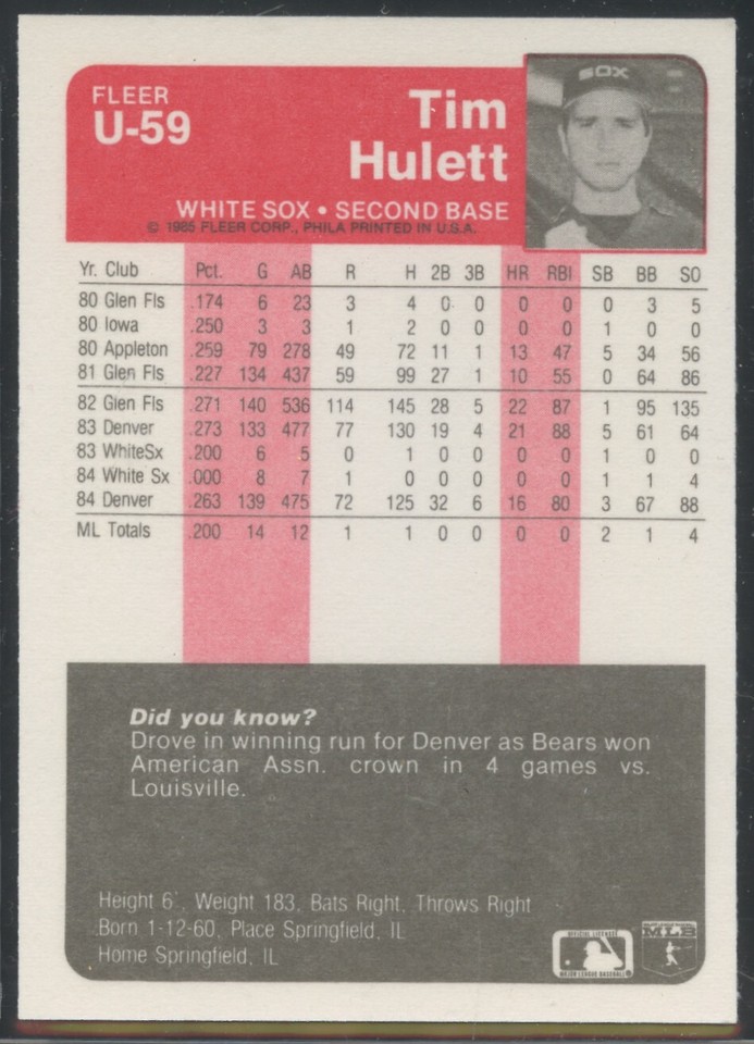 1985 Fleer Update #59 Tim Hulett Chicago White Sox | eBay