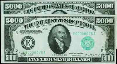 (2) CONSECUTIVE FR. 2221-E 1934 $5,000 FEDERAL RESERVE NOTES PMG AU-55 ...