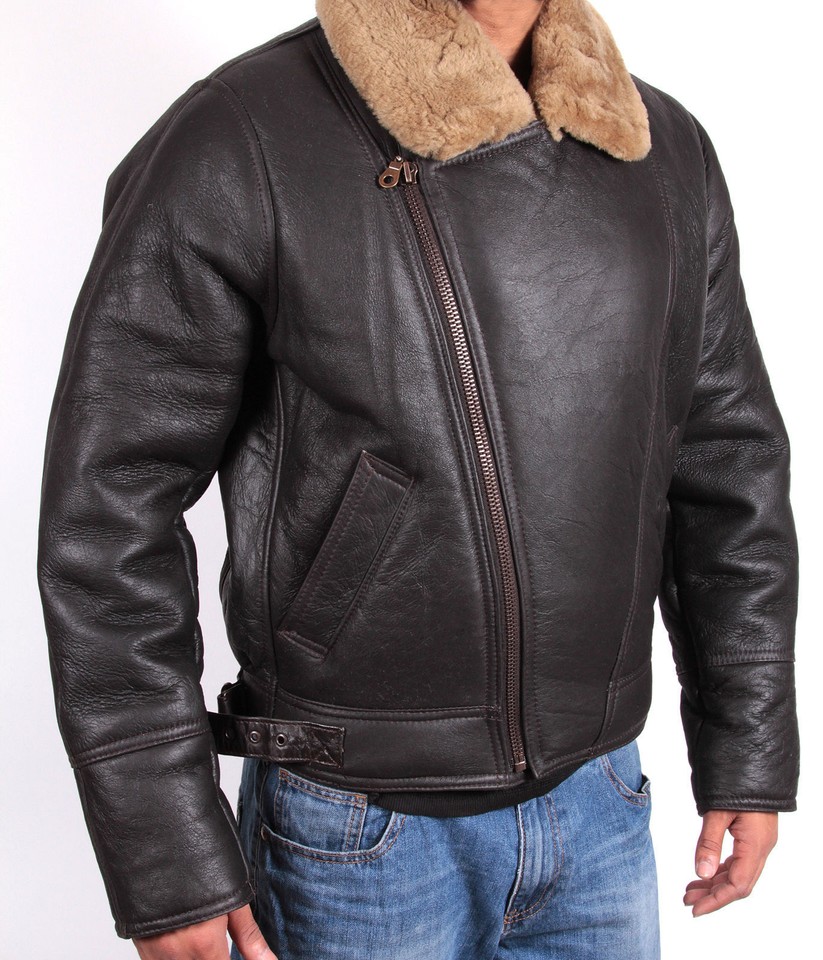 B3 Bomber WWII Brown Real Shearling Sheepskin Leather Brown Aviator ...