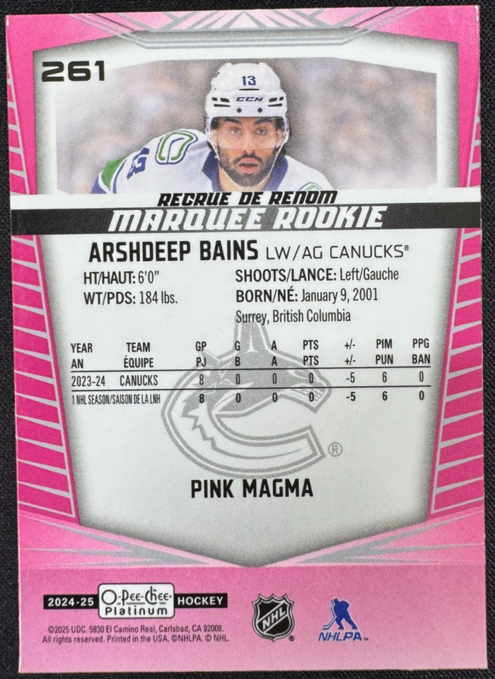 2024-25 O-Pee-Chee Platinum #261 Arshdeep Bains Marquee Rookie Pink ...