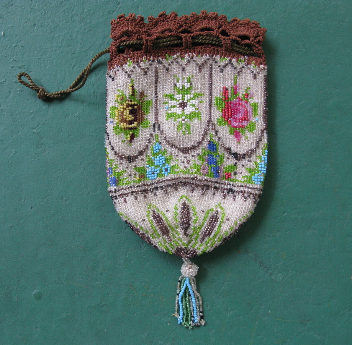 Antique beaded purse hand woven micro beads crochet d… - Gem