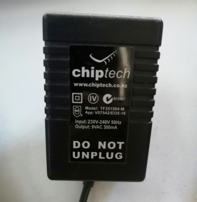 GENUINE CHIPTECH TF 351504-M AC ADAPTOR INPUT 230-240V OUTPUT 9V 300mA ...