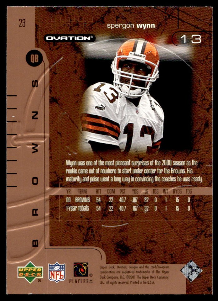 2001 Upper Deck Ovation 23 Spergon Wynn Cleveland Browns Football Card ...