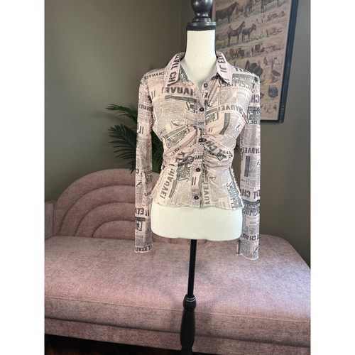 Newspaper Print Button Down Top Ruched Front Long Sleeve Blouse | eBay