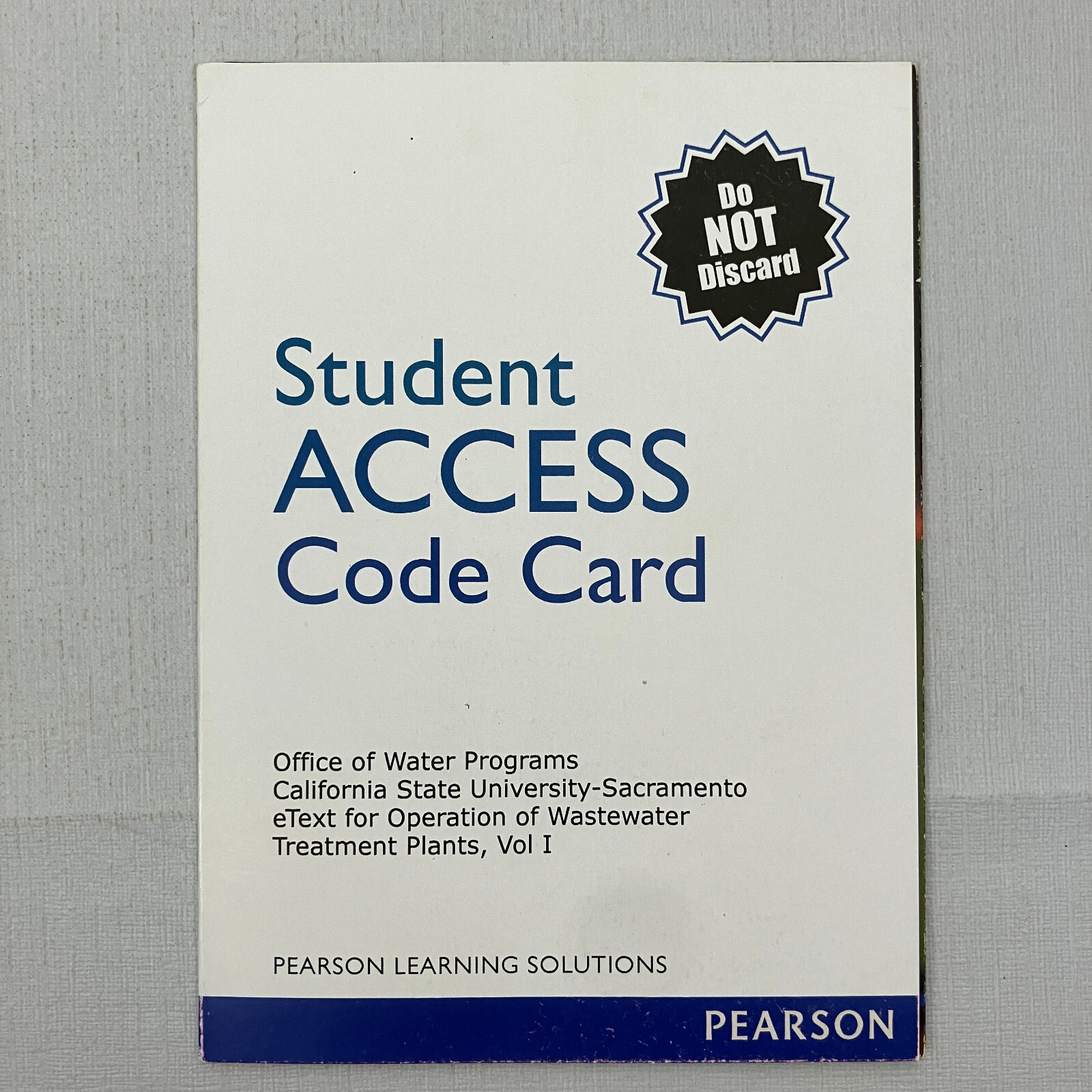 Student Access Code Card for Operation of Wastewater Treatment Plants ...