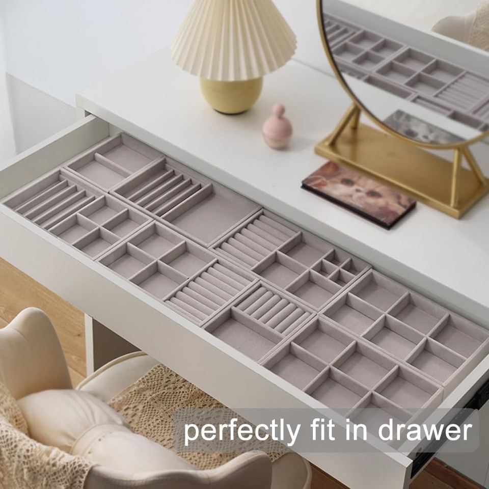 10 Pack Jewelry Organizer Tray Drawer Inserts,Stackable Velvet Liner ...