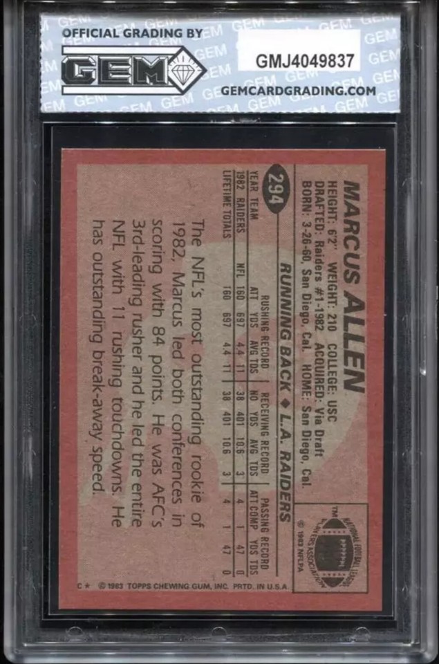 Marcus Allen RC 1983 Topps #294 Raiders Rookie GEM MINT 10 | eBay