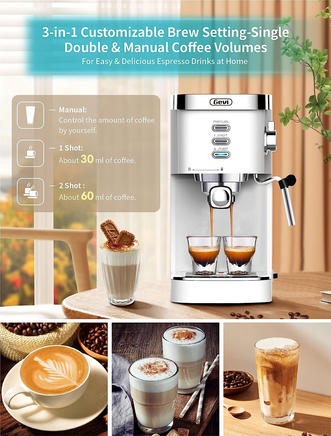 Gevi Espresso Automatic Fast Coffee Maker CappuccinoLatte 20 Bar 12L ...