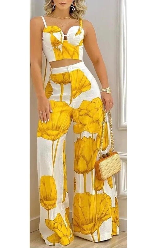 Yellow Floral Print Top & Wide Leg Pants Set | eBay