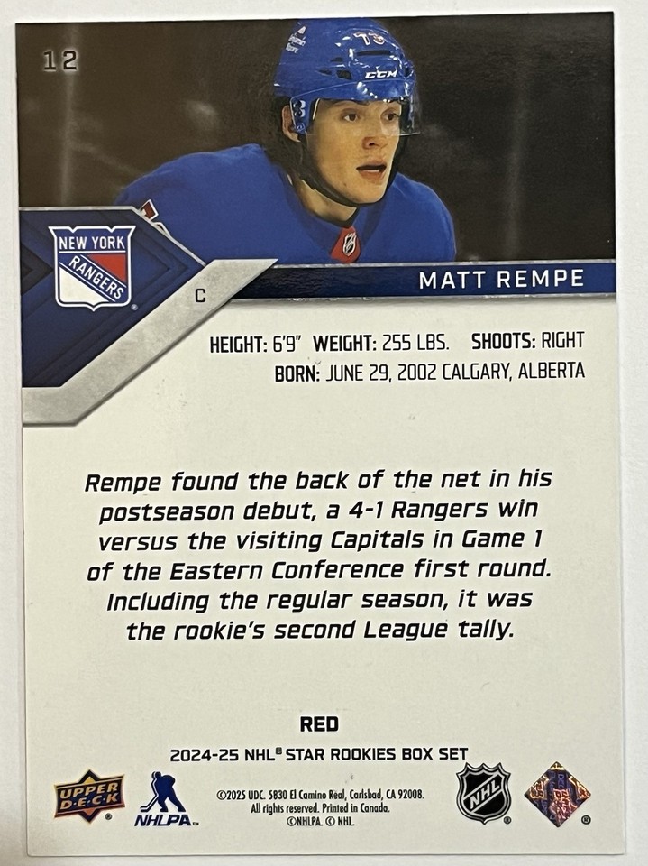 2024-25 UD Star Rookies Matt Rempe #12 Red 73 /75 (RC) Jersey Numbered ...