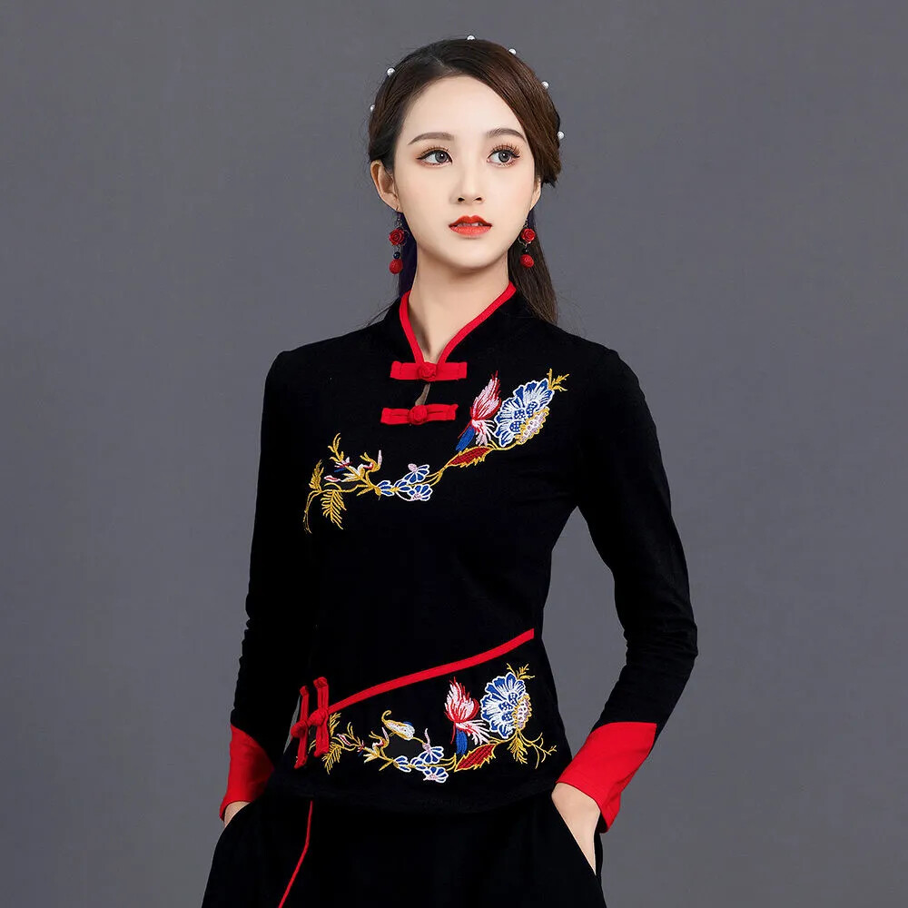 Women Retro Floral Embroidery Shirt Chinese Tops Ethnic Frog Button ...